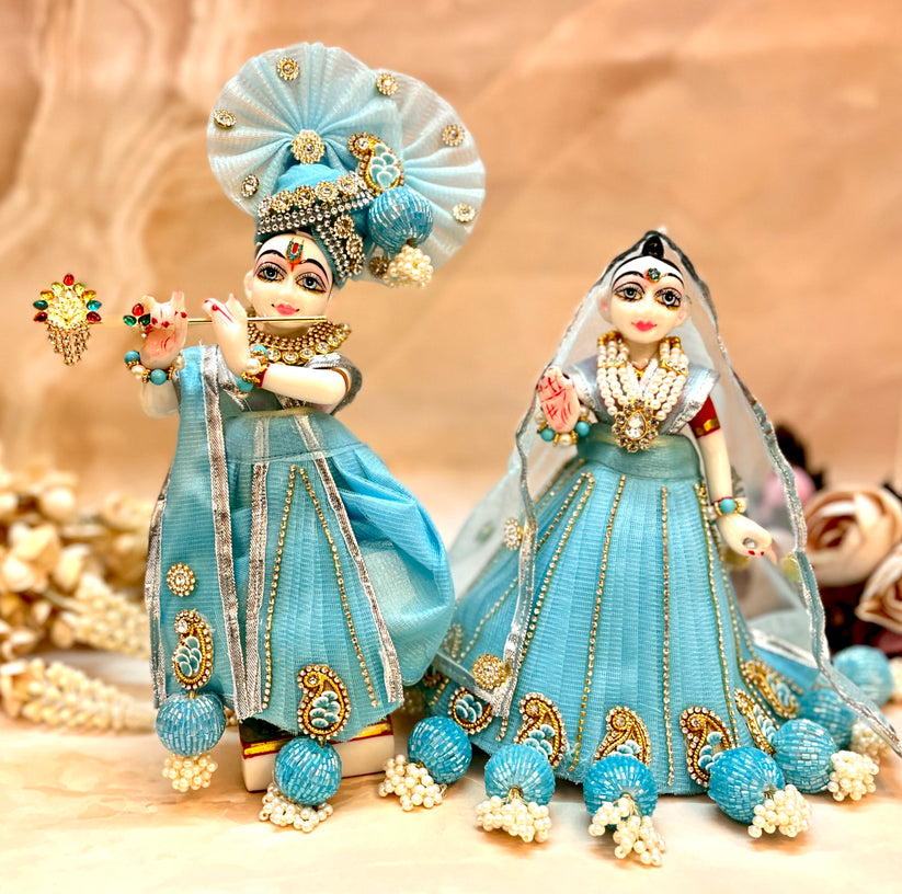 Laxmi ji & Ganesh ji Set Skyblue Lehenga & Dhoti - 7 piece set – Devastram